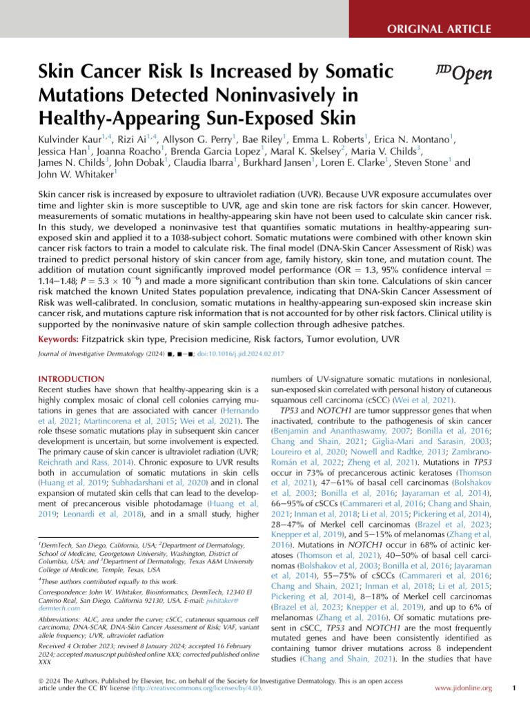 Skin Cancer Risk Is Increased by Somatic Mutations Detected ...