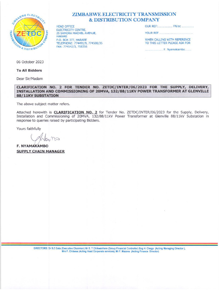 Clarification No. 2 For Tender No. Zetdc Inter 06 2023 | PDF