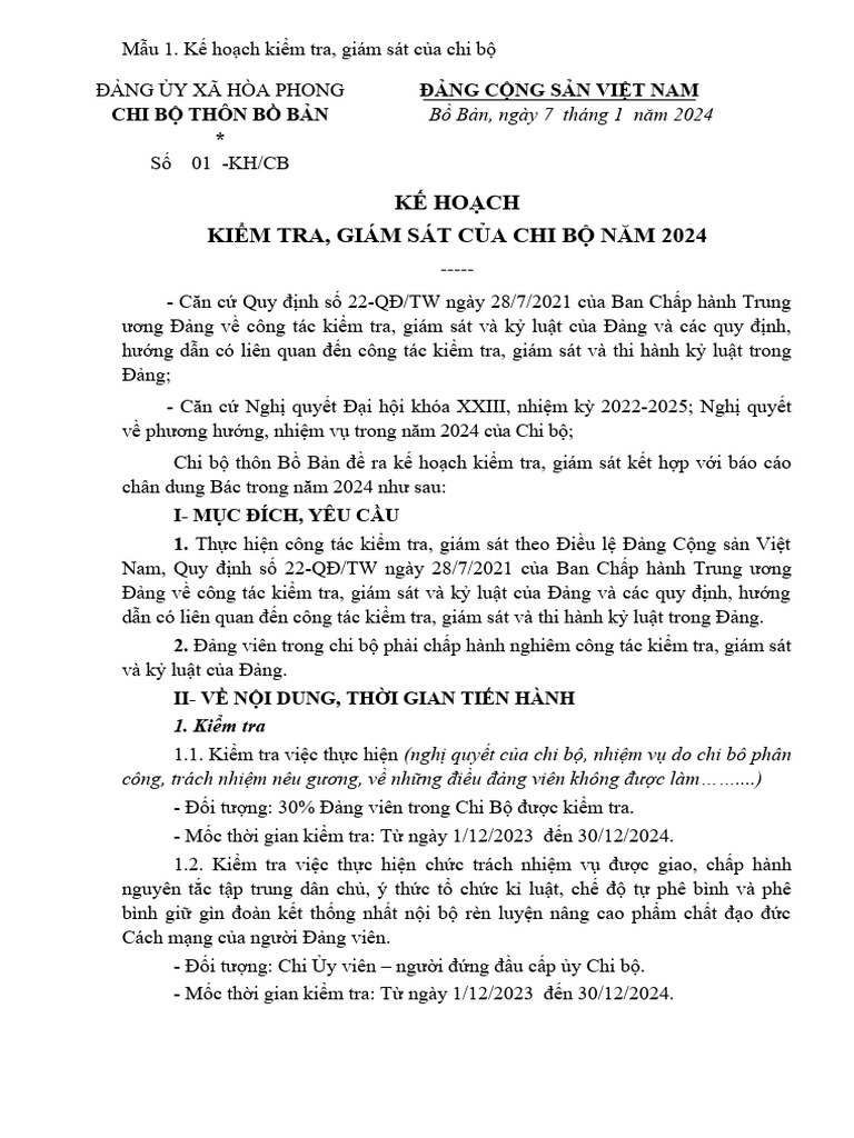 1. Mẫu 1-Kế hoạch KTGS của chi bộ | PDF