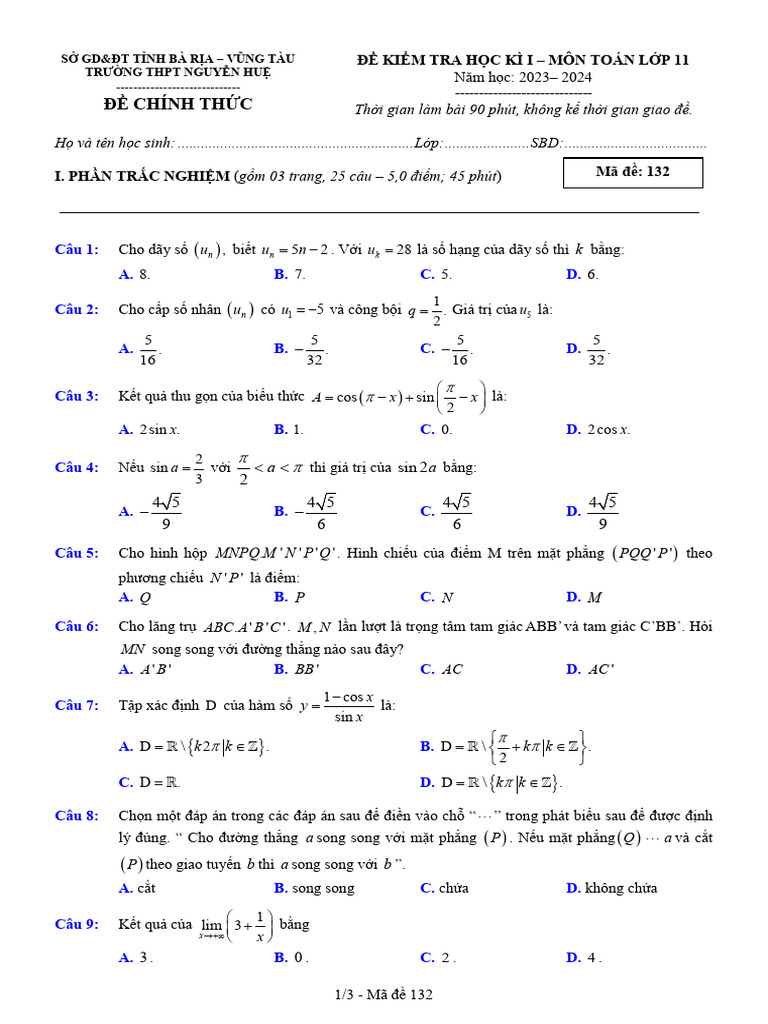 De Cuoi Hoc Ki 1 Toan 11 Nam 2023 2024 Truong THPT Nguyen Hue BR VT | PDF