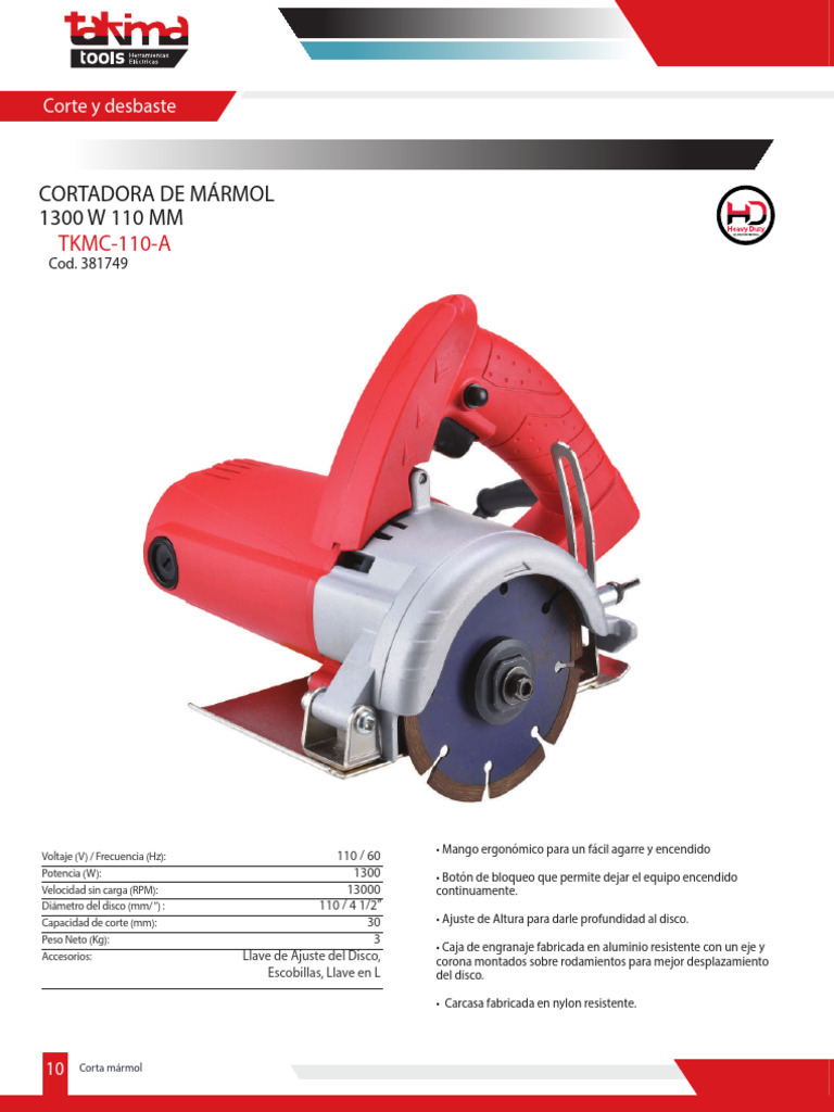 Cortadora de Mármol 1300 W 110 MM Tkmc-110-A | PDF