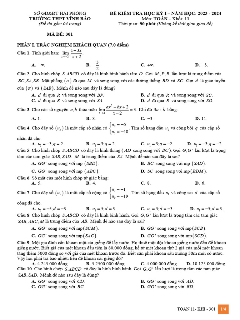 De Cuoi Ki 1 Toan 11 Nam 2023 2024 Truong Thpt Vinh Bao Hai Phong | PDF