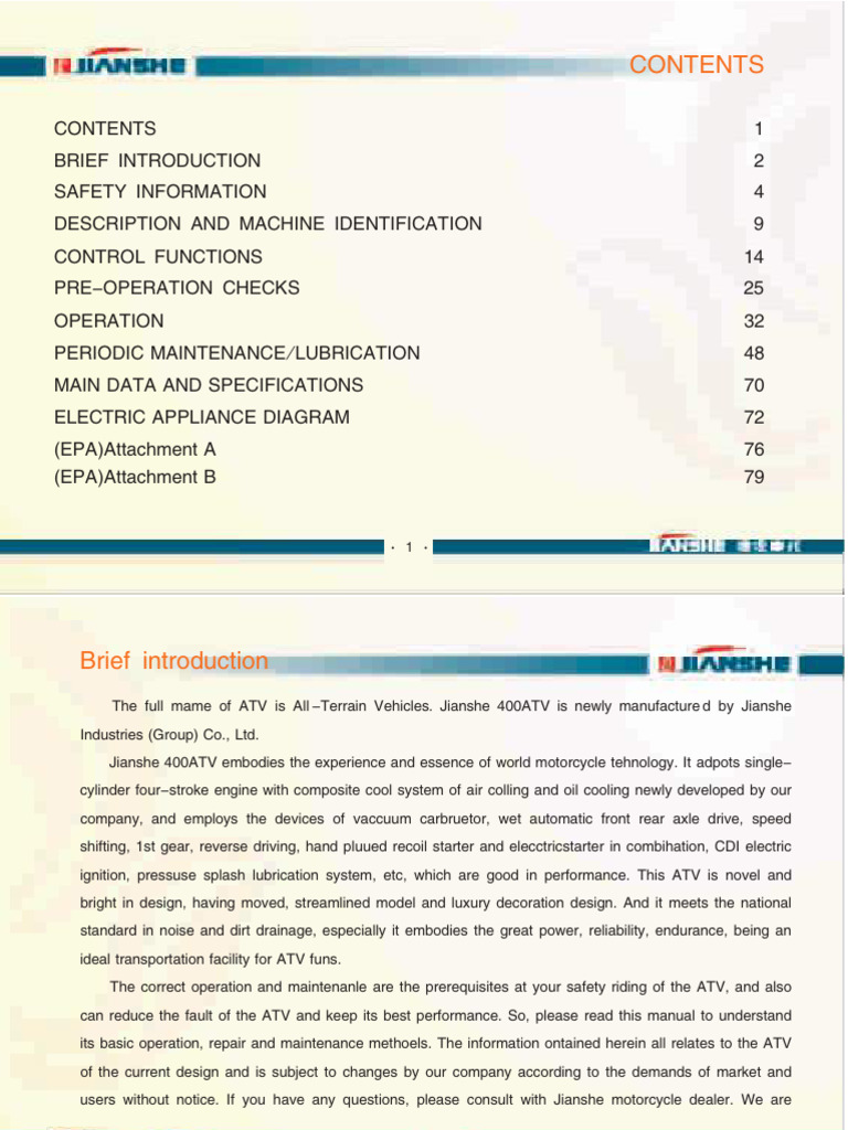 Jianshe 400 Atv User Manual PDF | PDF