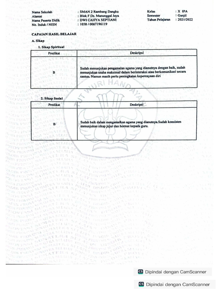 Raport Kelas X Semester 1 | PDF