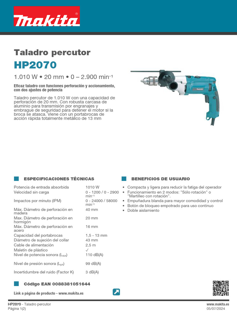 Taladro Percutor Makita HP2070 1010W | PDF | Perforar | Perforación