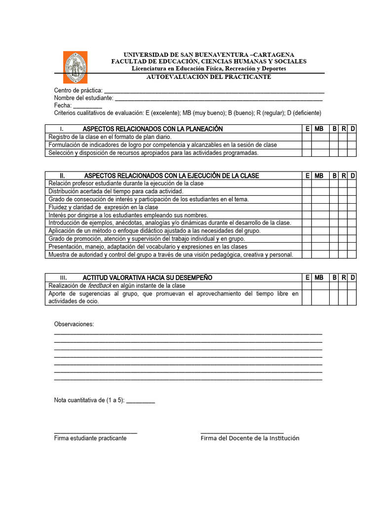 Autoevaluacion Del Estudiante Practicante | PDF | Maestros | Evaluación