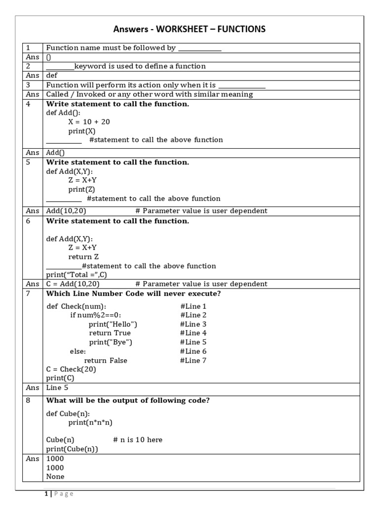 Answers - Worksheet - Functions: Write Statement To Call The Function | PDF | Parameter ...