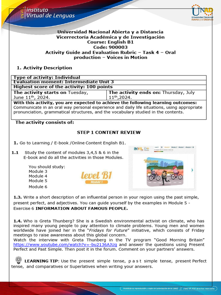 Activities Guide and Evaluation Rubric - Unit 3 - Task 4 - Oral Production - Voices in Motion | PDF