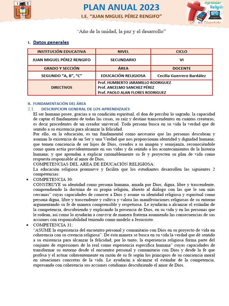 PLAN ANUAL- SEGUNDO | Descargar gratis PDF | Fe | Aprendizaje