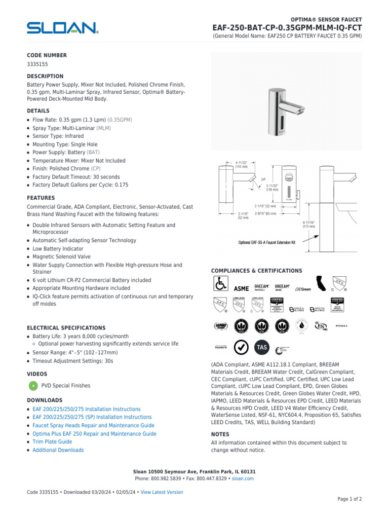 3335155-Eaf-250 Sloan | PDF | Tap (Valve)