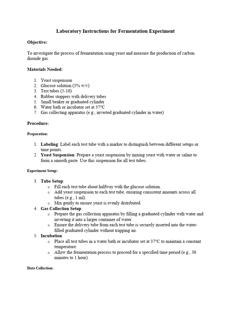 Laboratory Instructions For Fermentation Experiment | PDF | Gases | Yeast