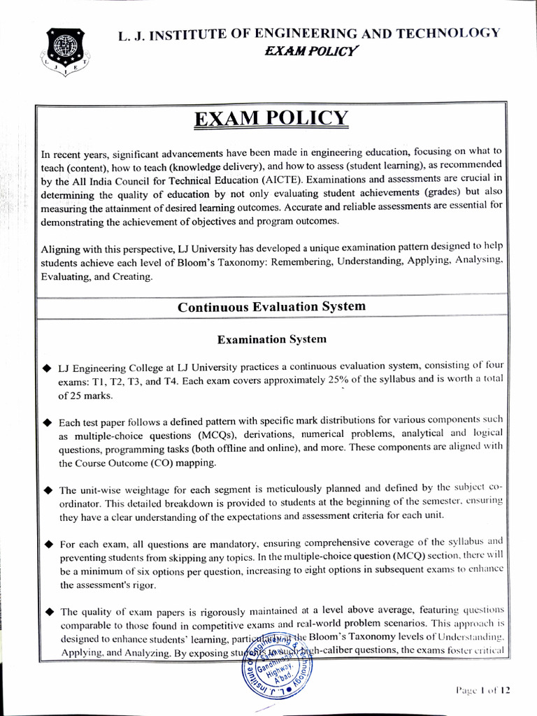 Exam Policy: L.J. Institute of Engineering and Technology | PDF | Educational Assessment ...