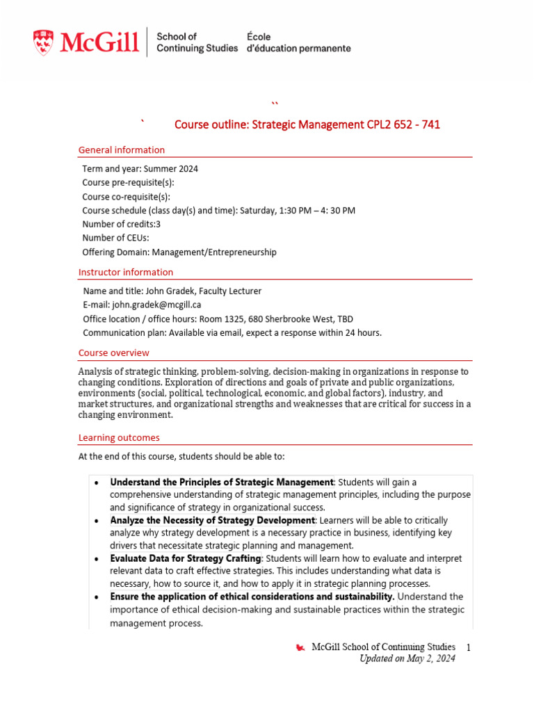 CPL2 652 Strategic Management - SCS Summer 2024 Course Outline | PDF ...