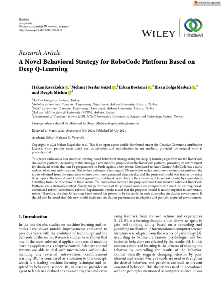 Complexity - 2021 - Kayakoku - A Novel Behavioral Strategy For RoboCode Platform Based On Deep Q ...