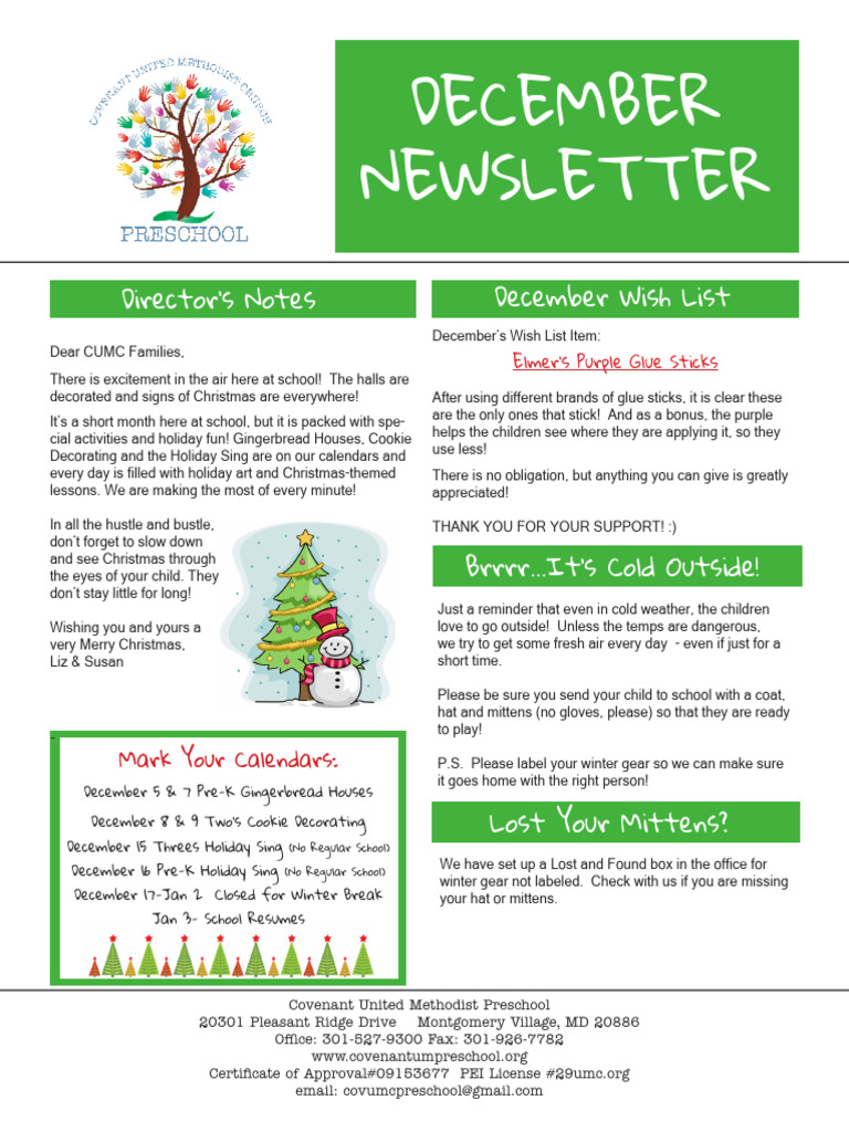 December Newsletter for Covenant Preschool | PDF