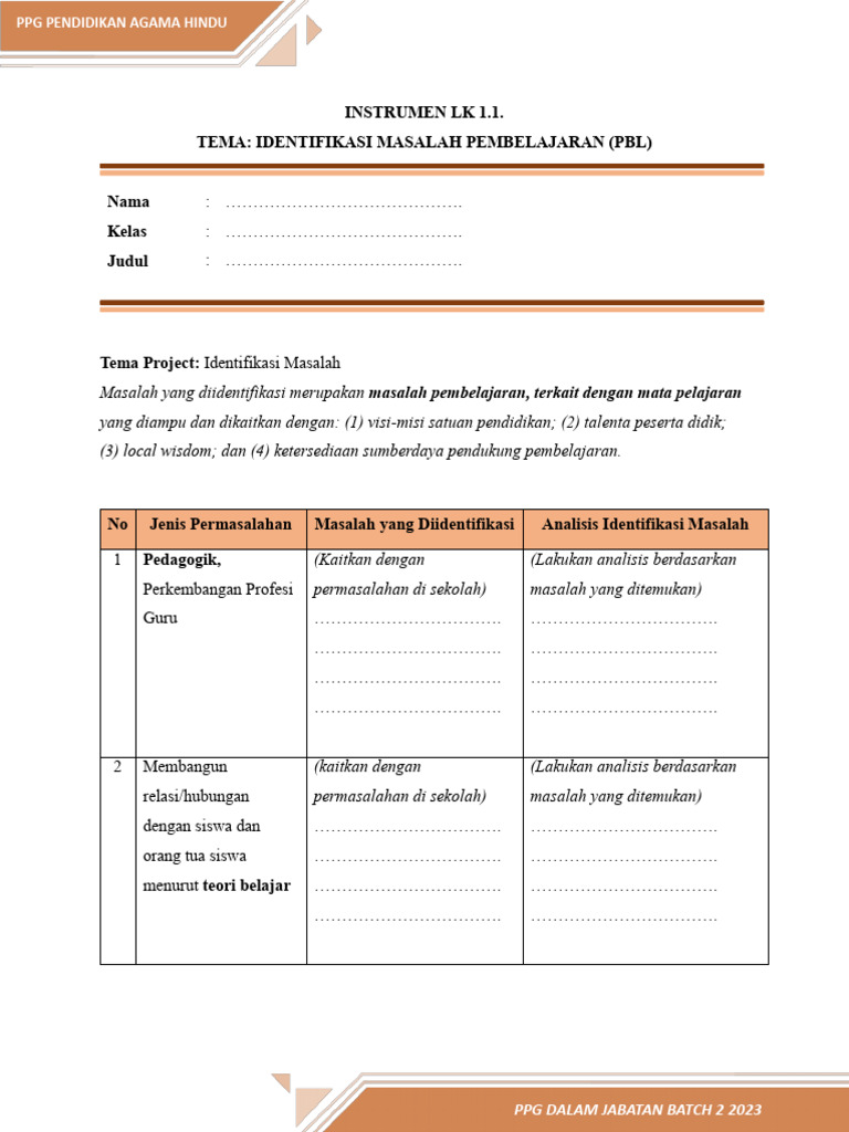 Instrumen LK 1.1. Tema: Identifikasi Masalah Pembelajaran (PBL) | PDF