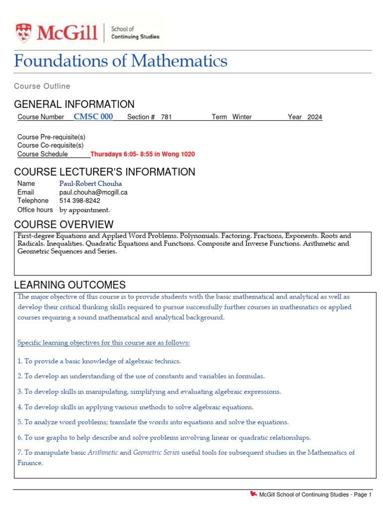 Course Outline CMSC-000 Winter 2024 781 v1 | PDF | Factorization | Polynomial