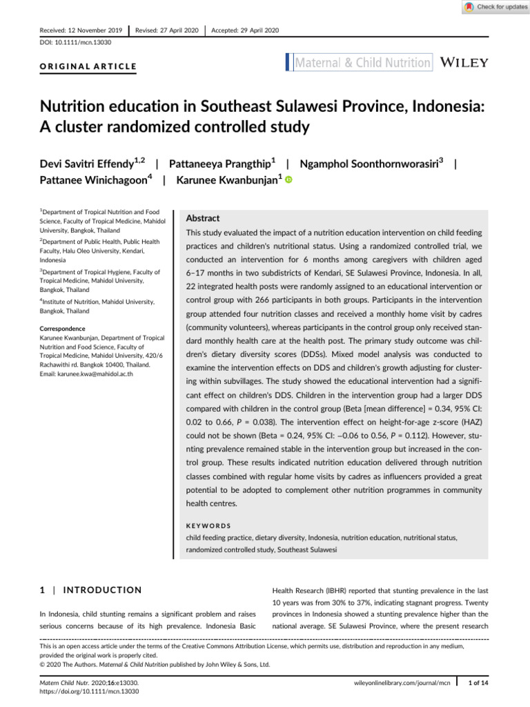Maternal Child Nutrition - 2020 - Effendy - Nutrition Education in Southeast Sulawesi Province ...