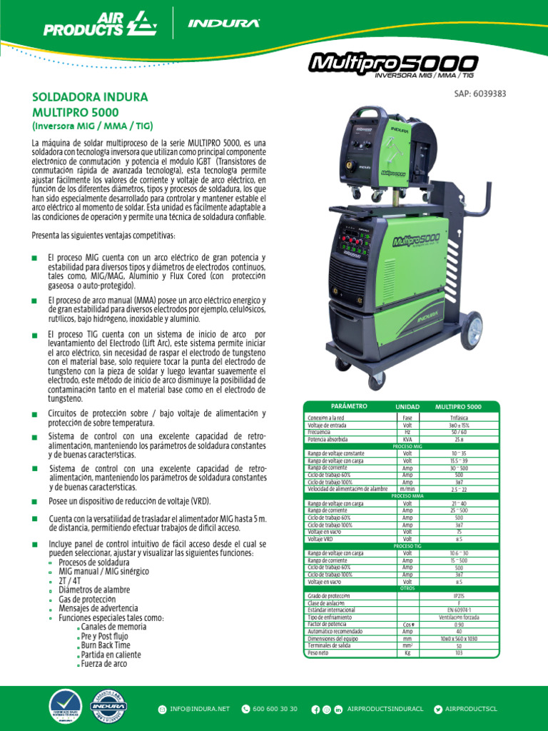 Soldadora Indura Multipro 5000: (Inversora MIG / MMA / TIG) | PDF ...