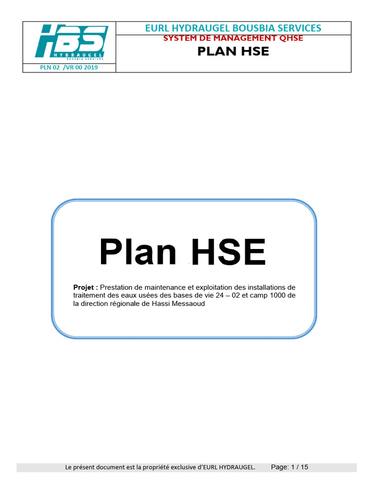 Plan HSE pour EURL HYDRAUGEL | PDF | Risque | Urgence
