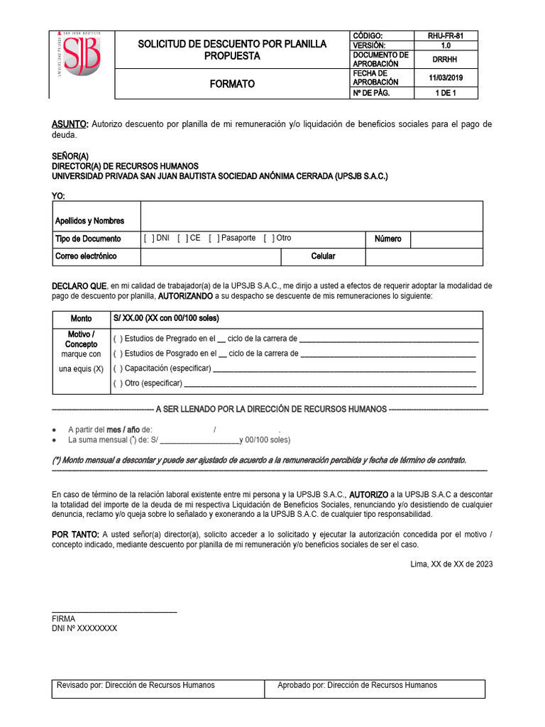 Formato de Solicitud de Descuento Por Planilla - Rev. DRRHH 2023 | PDF