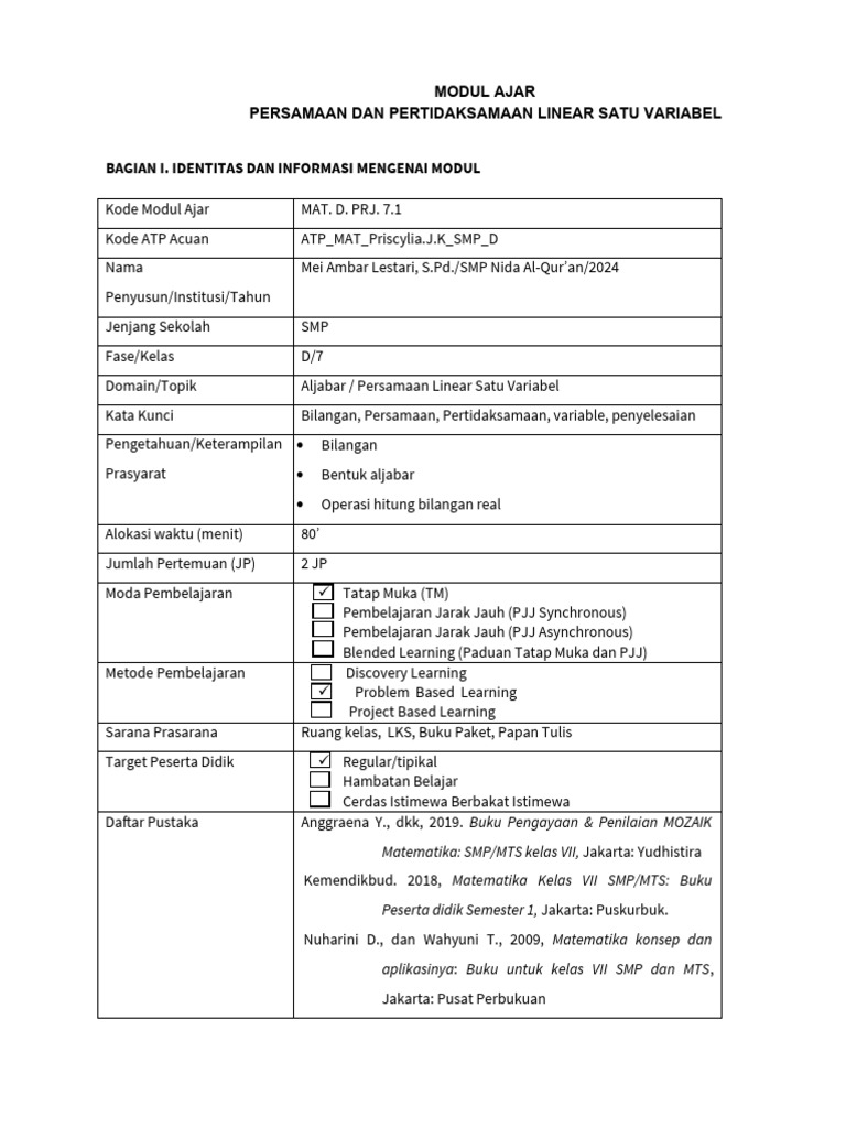 Modul Ajar Persamaan Linear Satu Variabel | PDF