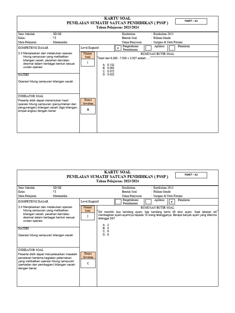 Kartu Soal Utama Mat Aas 2024 | PDF