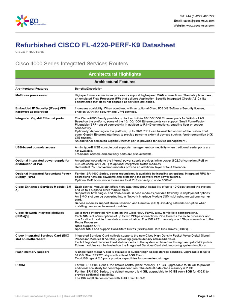 Cisco FL 4220 Perf k9 Datasheet | PDF | Computer Data Storage | Router ...
