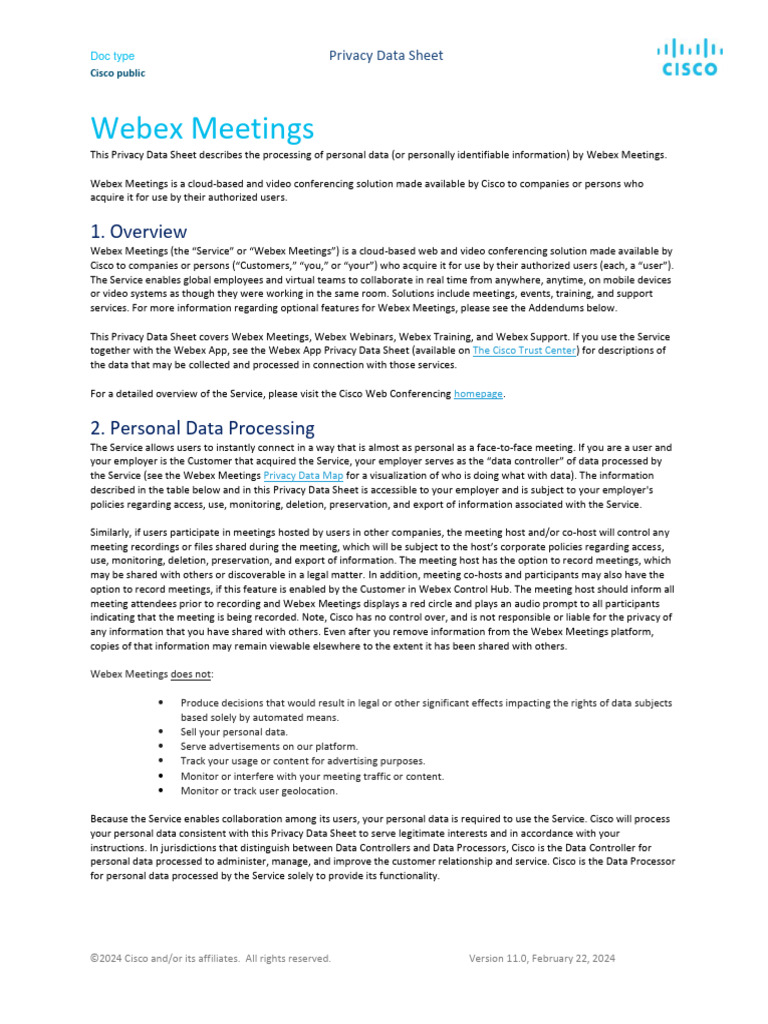 Cisco Webex Meetings Privacy Data Sheet | PDF | Encryption | Transport ...