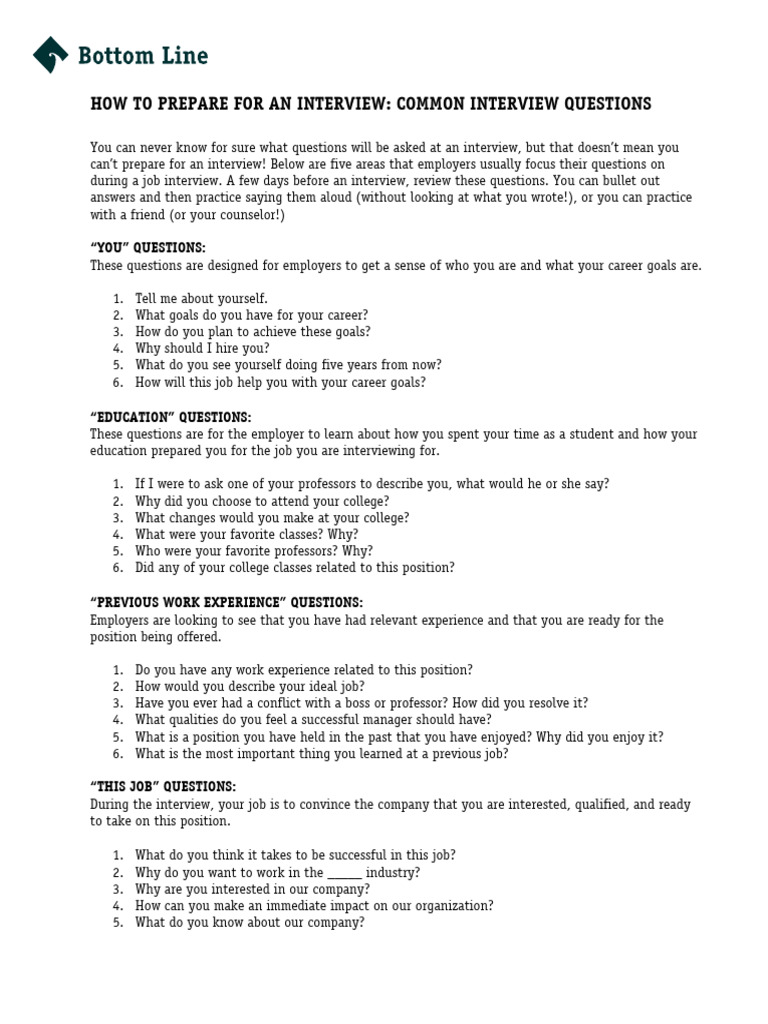 Bottom Line - Common Interview Questions | PDF | Interview | Experience
