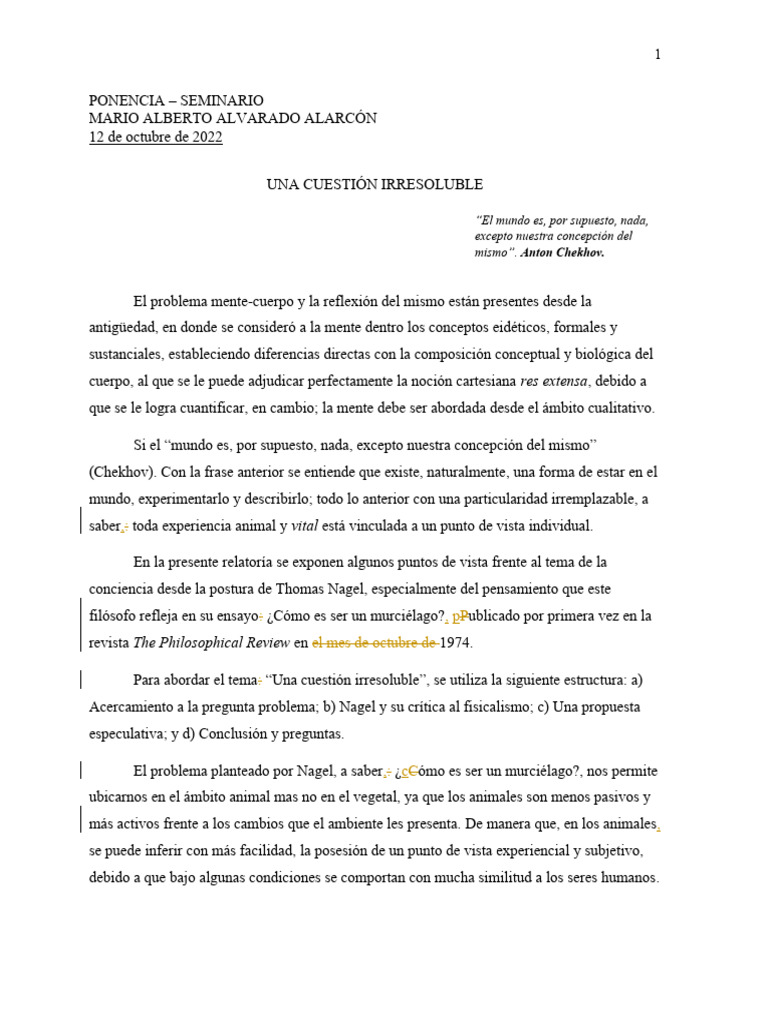 Una Cuestión Irresoluble - Alvarado, Mario C | PDF | Experiencia | Mente