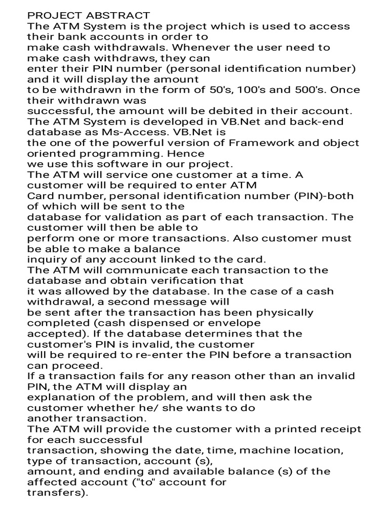 atm project | Download Free PDF | Automated Teller Machine | Personal Identification Number