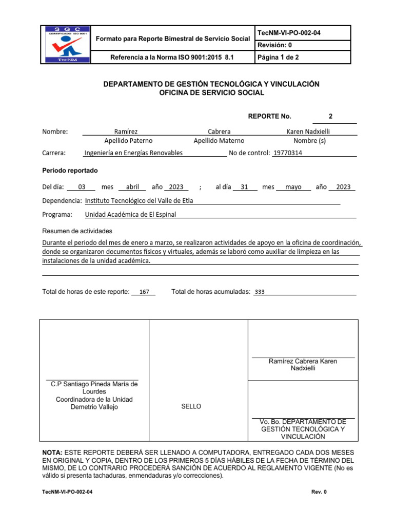 TecNM-VI-PO-002-04 Reporte Bimestral Servicio Social | PDF ...