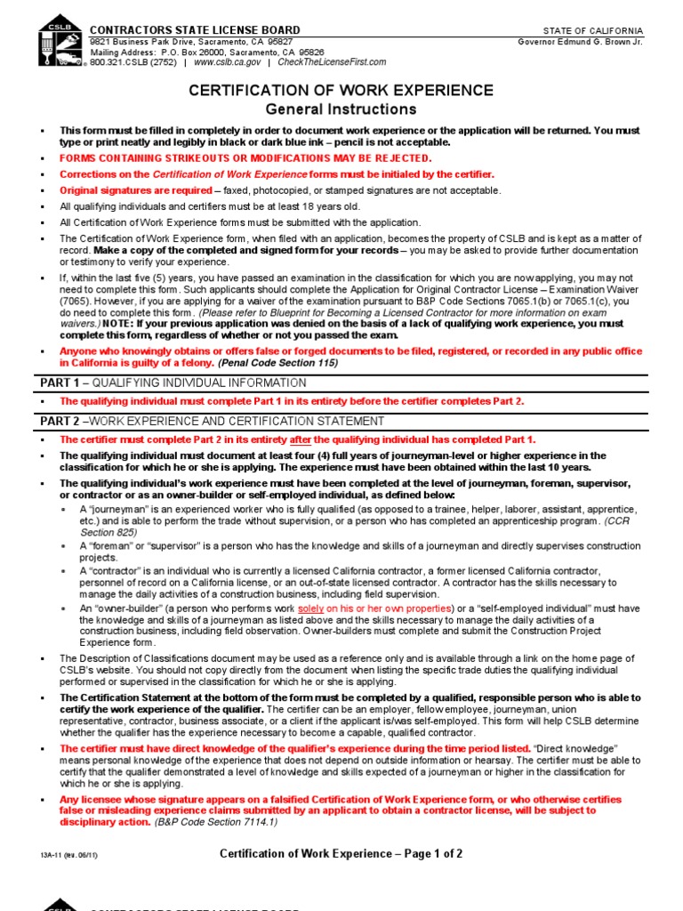 CSLB Certification of Work Experience Guide | PDF | Journeyman ...
