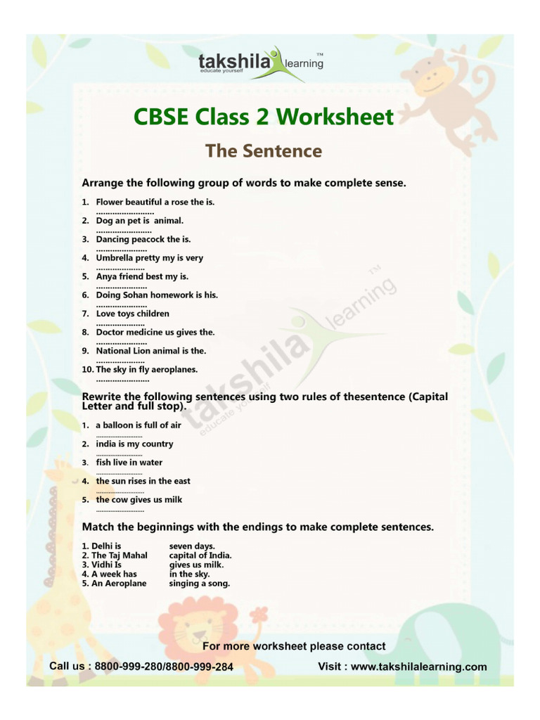 Class 2 English Worksheet Lessons The Sentence | PDF