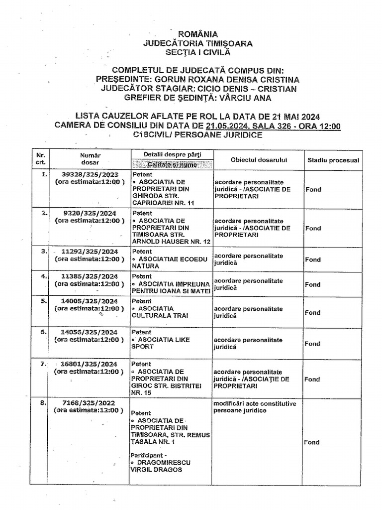 21.05.2024 Liste cauze Judecatoria Timisoara | PDF
