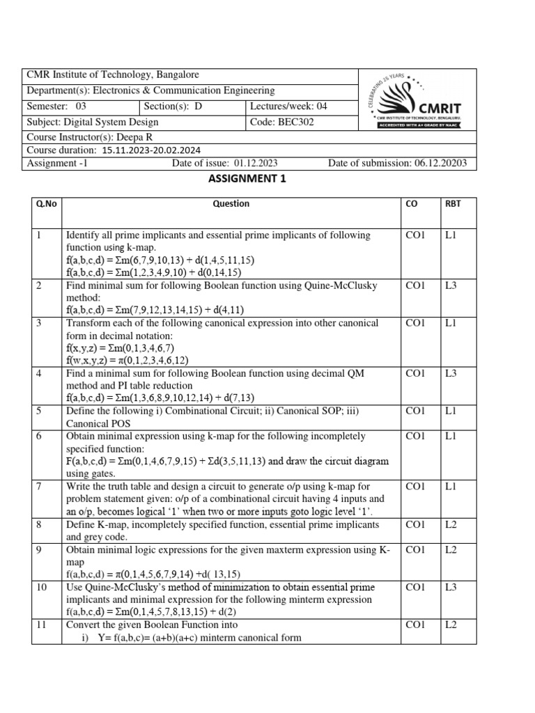 BEC302 - DSDV Assignment 1 | PDF | Boolean Algebra | Teaching Mathematics