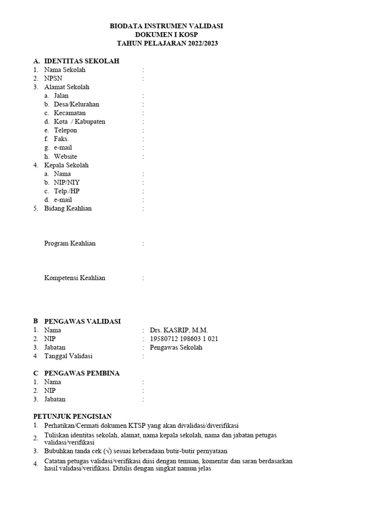 Konsep Instrumen Validasi KOSP 2022 - 2023 | PDF