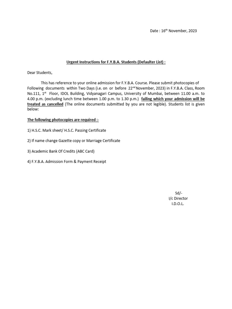 FYBA Defaulter List | PDF