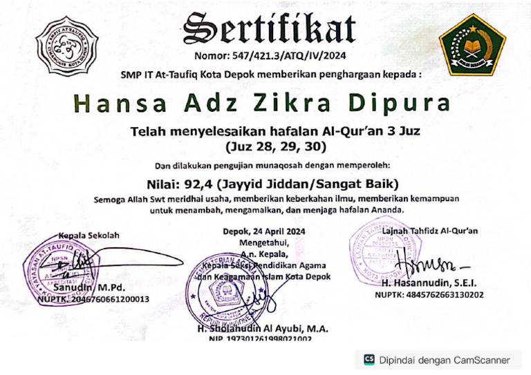Sertifikat Tahfiz H | PDF