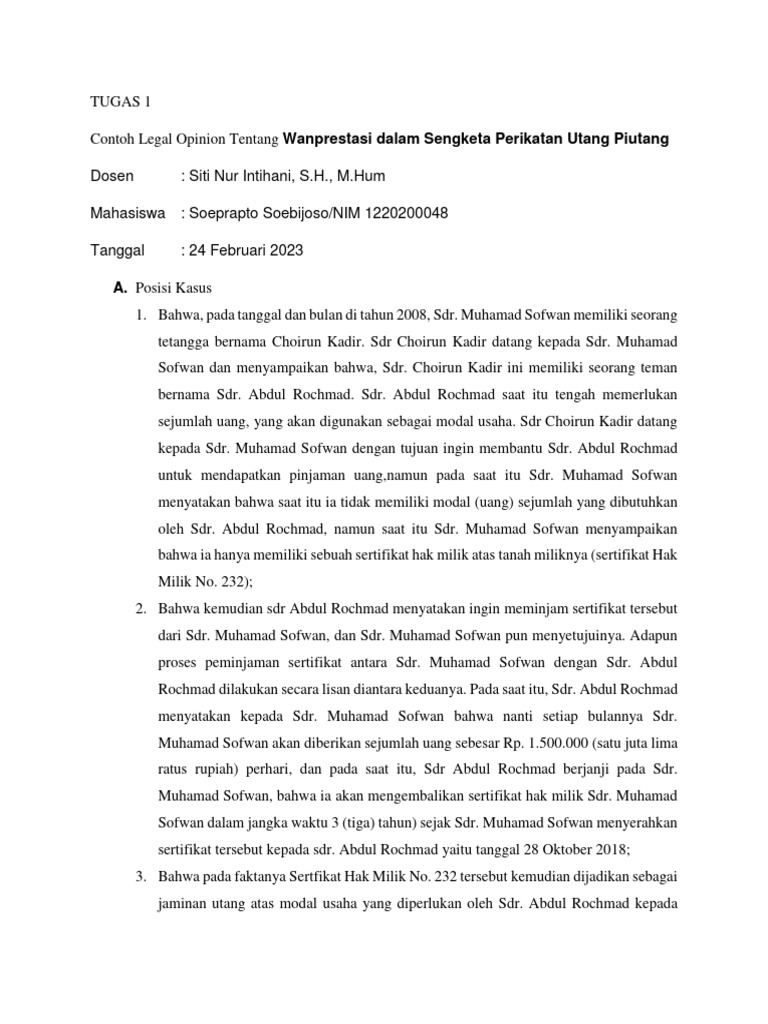Contoh Legal Opinion Tentang Wanprestasi Dalam Sengketa Perikatan Utang ...