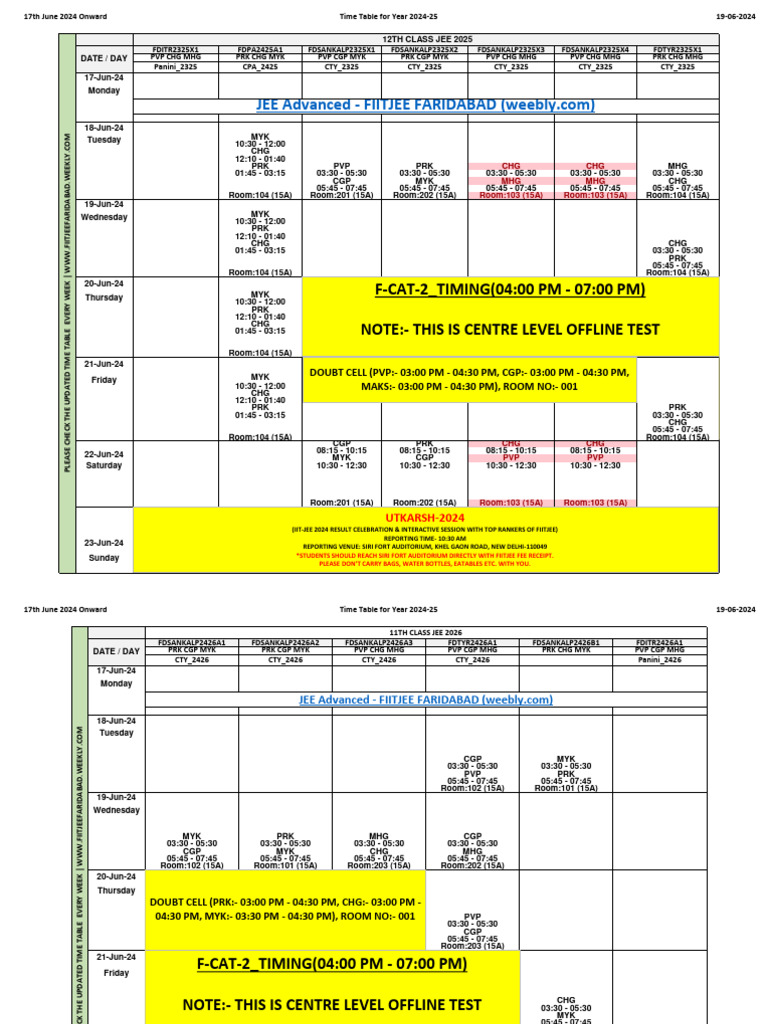 Time Table 17th June To 23rd June 2024 Senior Wing Class-11th To 12th | PDF