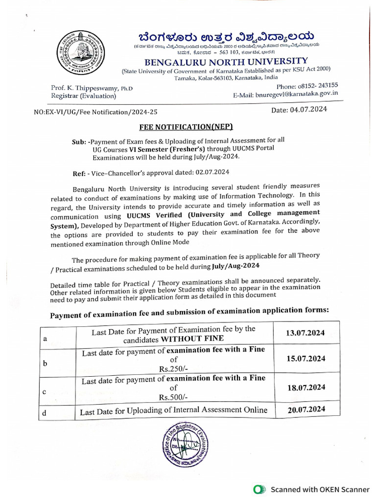 UG NEP 6th Sem Exam Fee Notification | PDF