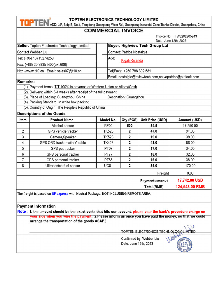 Commercial Invoice-TopTen | PDF | Invoice