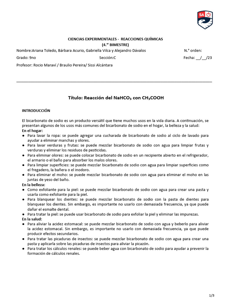 01 LAB BQ 4B 9S 2023huvh | PDF | Ácido | Bicarbonato de sodio