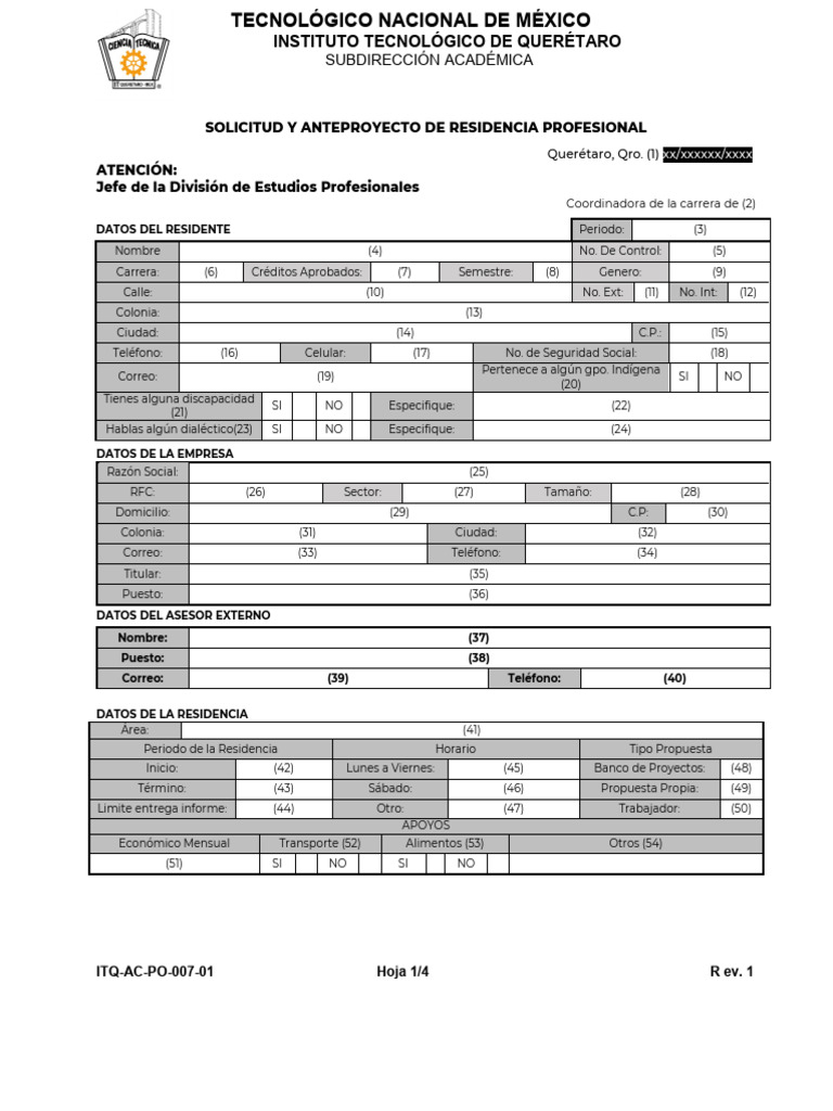 Itq Ac Po 007 01 Solicitud de Residencia Profesional - Rev1 - 2 | PDF