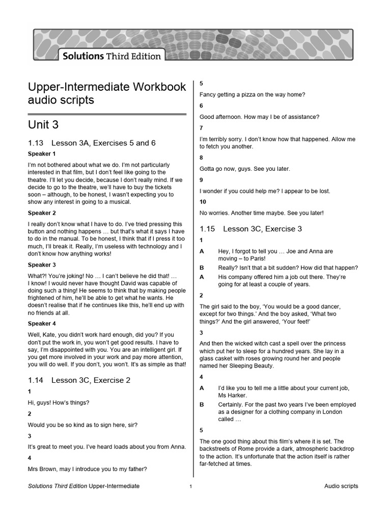 Upp-Int Workbook Unit 3 Audio Script | PDF