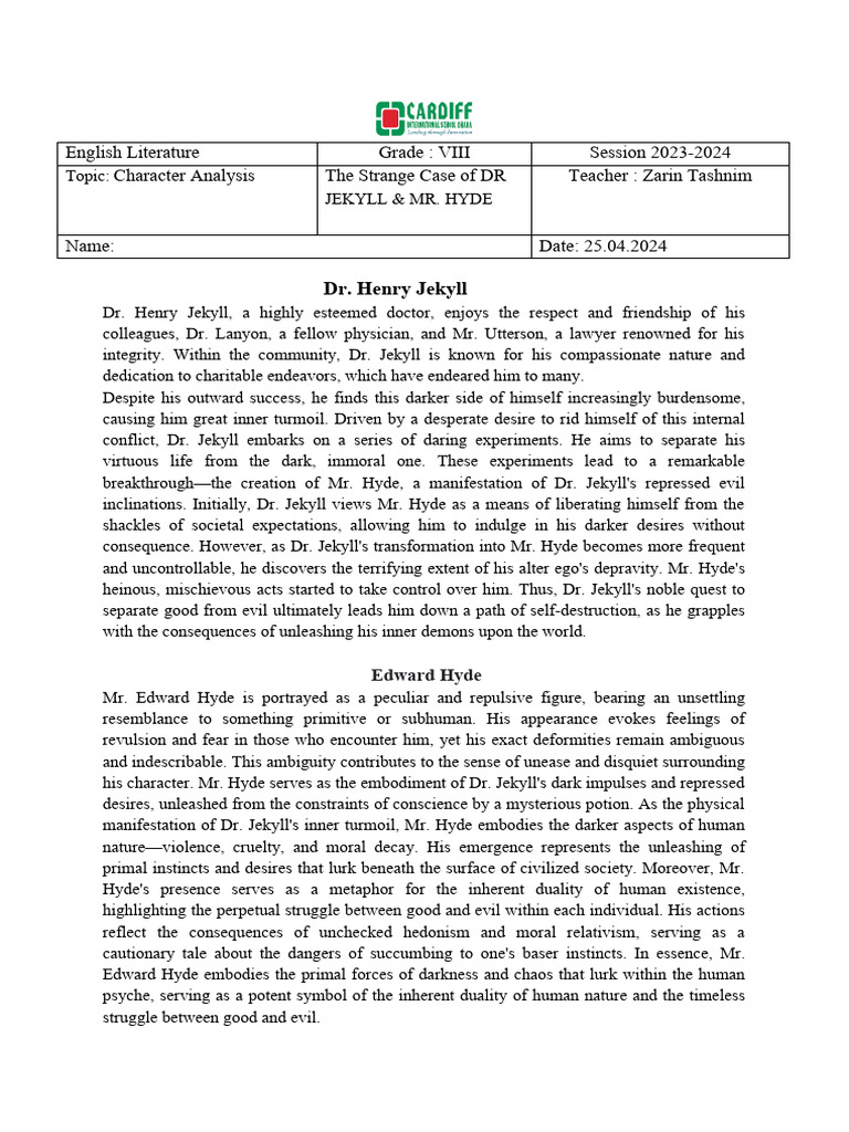 Character Analysis-G8-E.LIT | PDF | Dr. Jekyll And Mr. Hyde (Character)