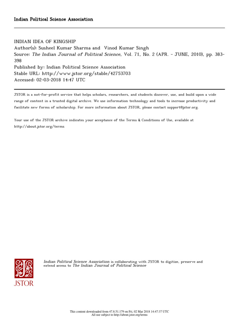 Sharma Susheel Kumar Indian Idea of King | PDF | Aristotle | Reason