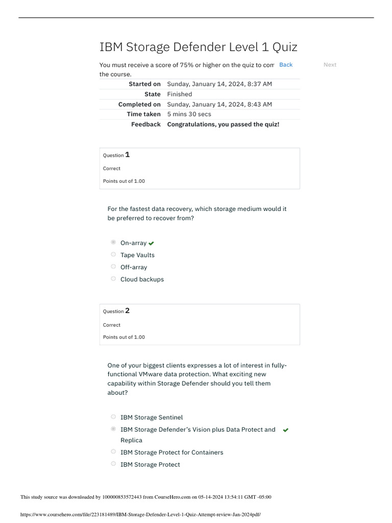 IBM Storage Defender Level 1 Quiz Attempt Review Jan 2024 PDF | PDF | Cloud Computing | Computing